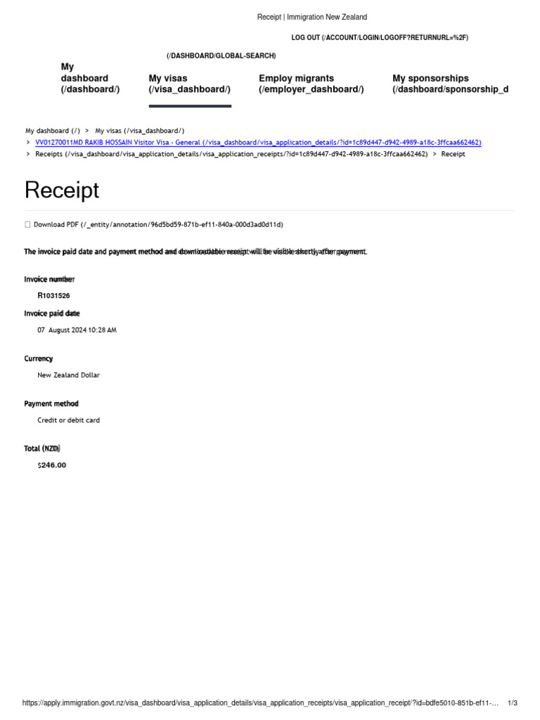 Receipt - Immigration New Zealand | PDF | Payments | Receipt