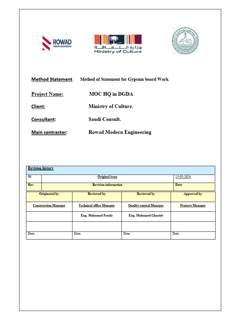 Method of Statement Gypsum Board Works &ITP | PDF | Drywall