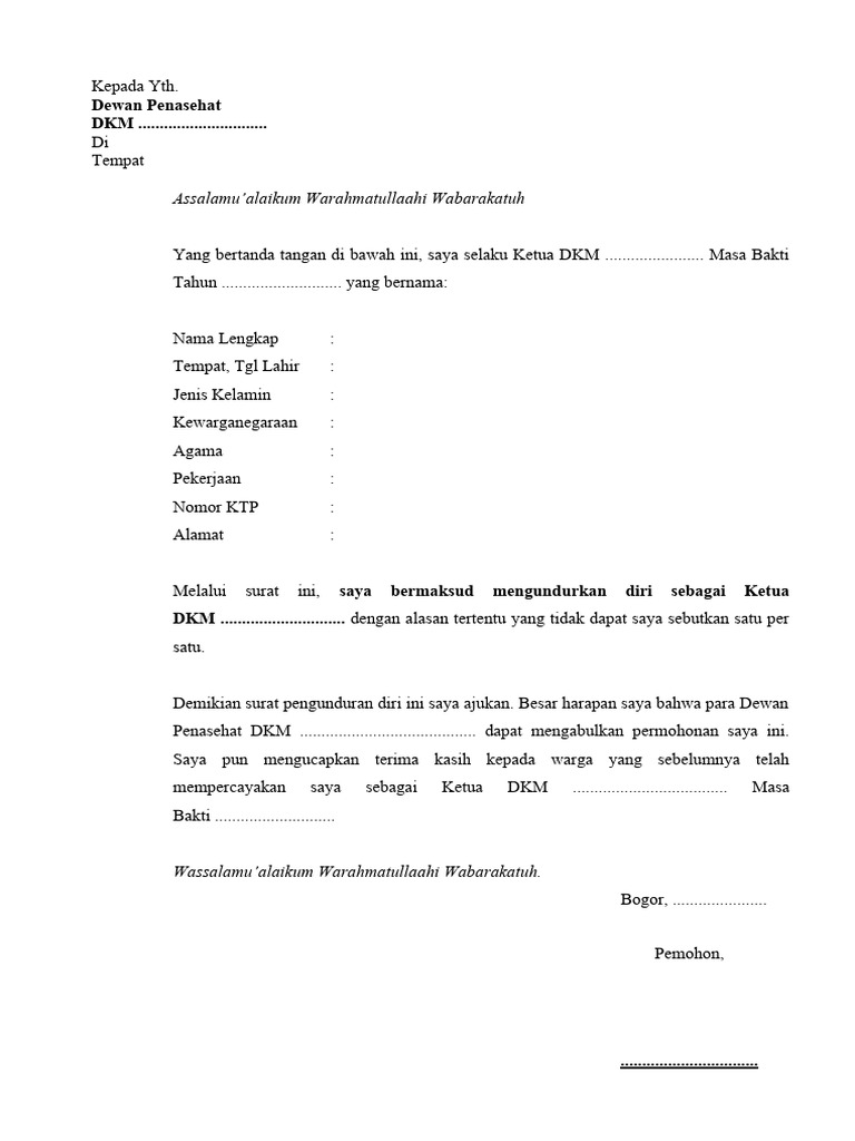 Surat Pengunduran Diri Ketua DKM - Contoh | PDF | Griya & Taman