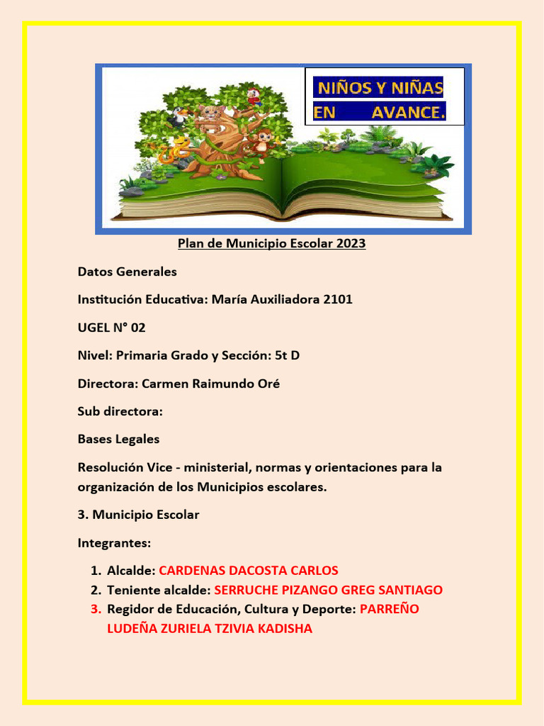 Plan de Municipio Escolar 5° D | PDF | Salón de clases | Aprendizaje