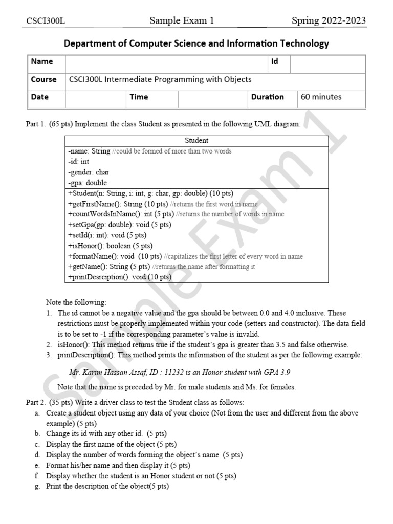 CSCI300L Sample Exam 1 | PDF | Constructor (Object Oriented Programming ... CSCI300L Sample Exam 1 | PDF | Constructor (Object Oriented Programming ...