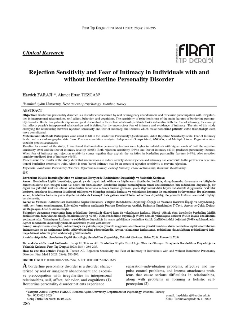 Rejection Sensitivity and Fear of Intimacy in Individuals With and ...