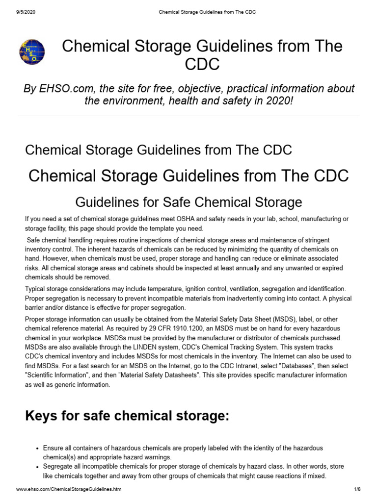 Chemical Storage Guidelines From The CDC | PDF | Chlorine | Acid