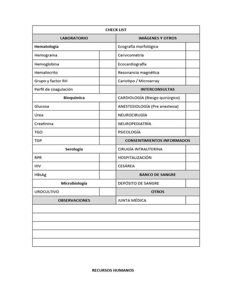 CHECK LIST y RECURSOS | PDF | Medicina CLINICA | Especialidades Medicas