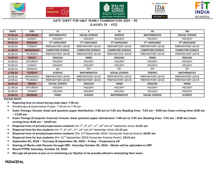 Date Sheet For Half Yearly Examination 2024 - 25 (Iv-Viii) | PDF