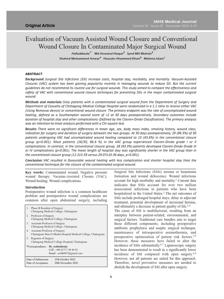 Evaluation of Vacuum Assisted Wound Closure and Conventional Wound ...