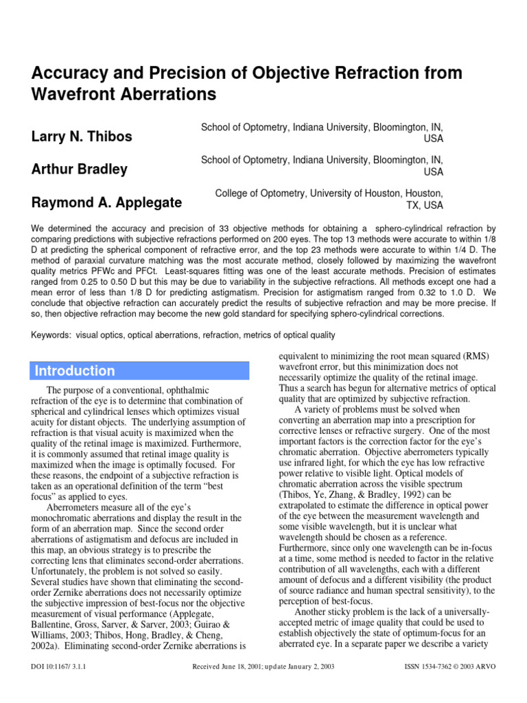 2003 Accuracy and Precision of Objective Refraction From Wavefront Aberrations | PDF | Optics | Eye
