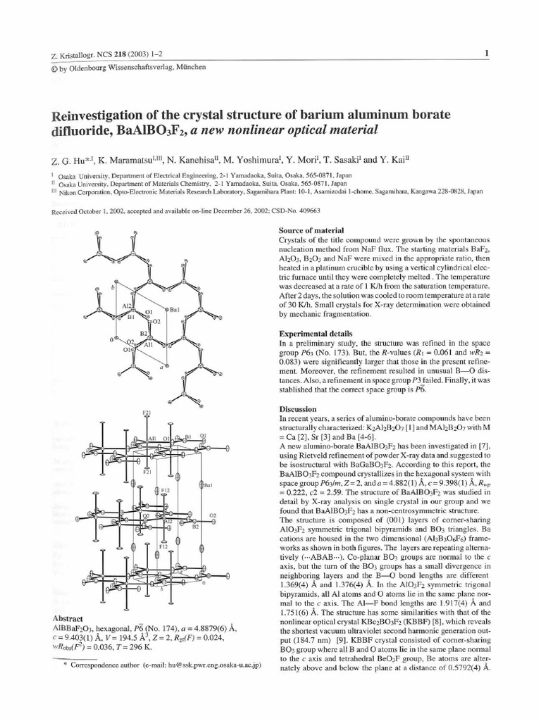 Reinvestigation of the crystal structure of barium aluminum borate ...