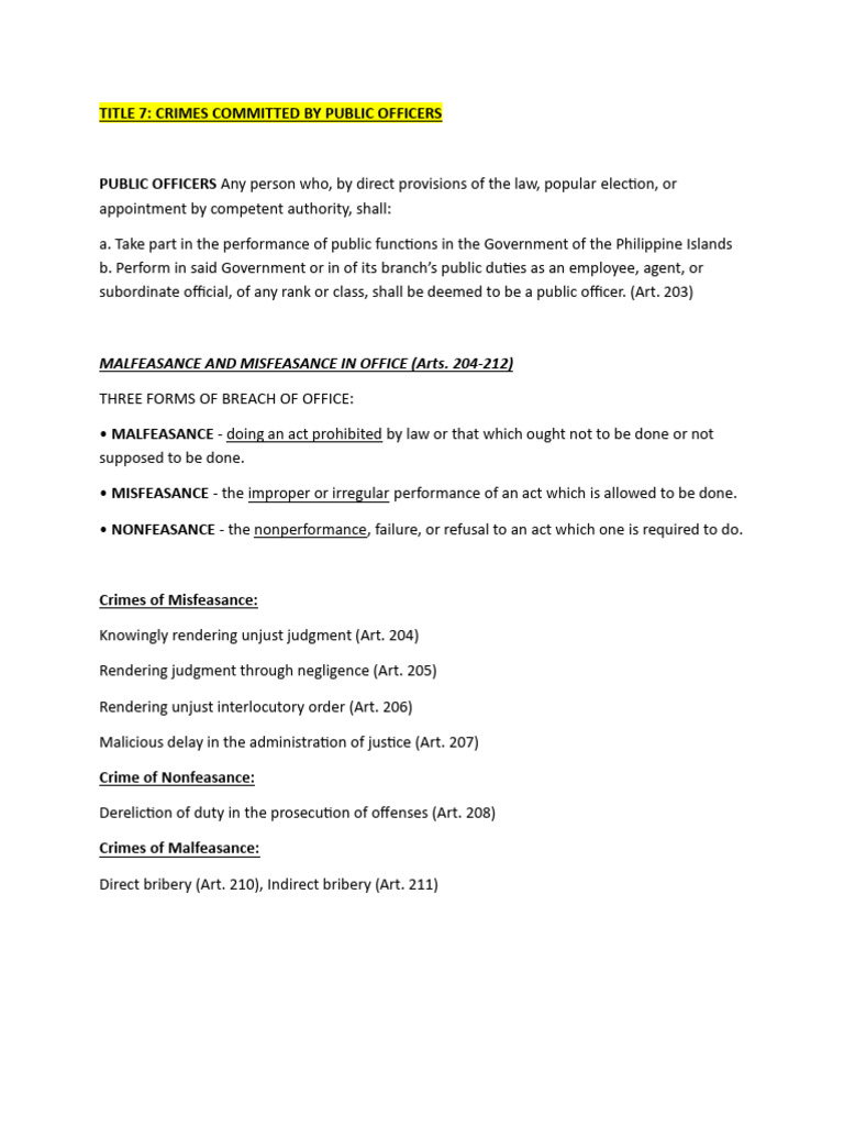 Title 7: Crimes Committed by Public Officers: Malfeasance and Misfeasance in Office (Arts. 204 ...