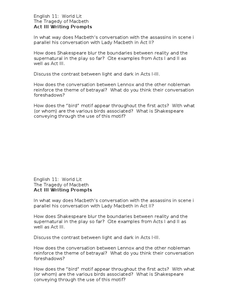 Macbeth Act III Writing Prompts | PDF | Classics