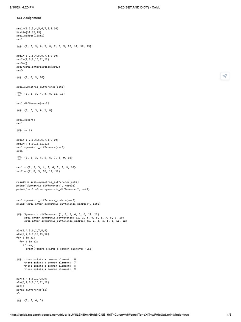 B-26(Set and Dict) - Colab | PDF | Mathematical Objects | Algebra