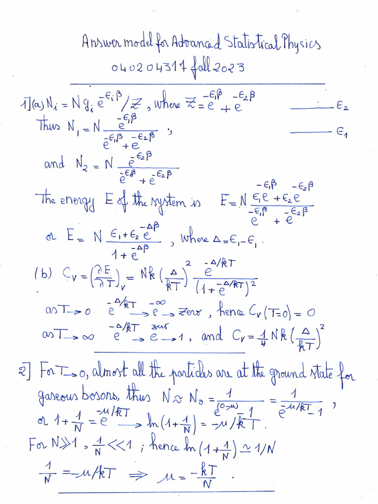 Final Exam Solution Fall 2023 Stat Phys Alex Univ Pdf