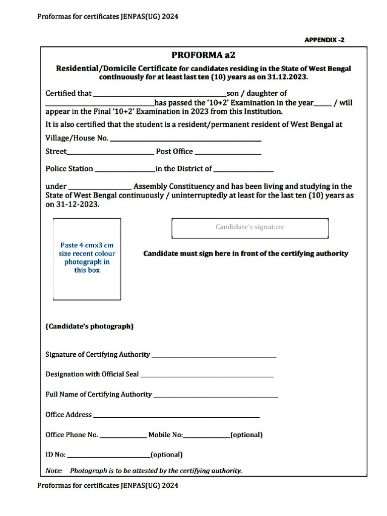 JENPAS UG 2024 Domicile Certificate A2 | PDF