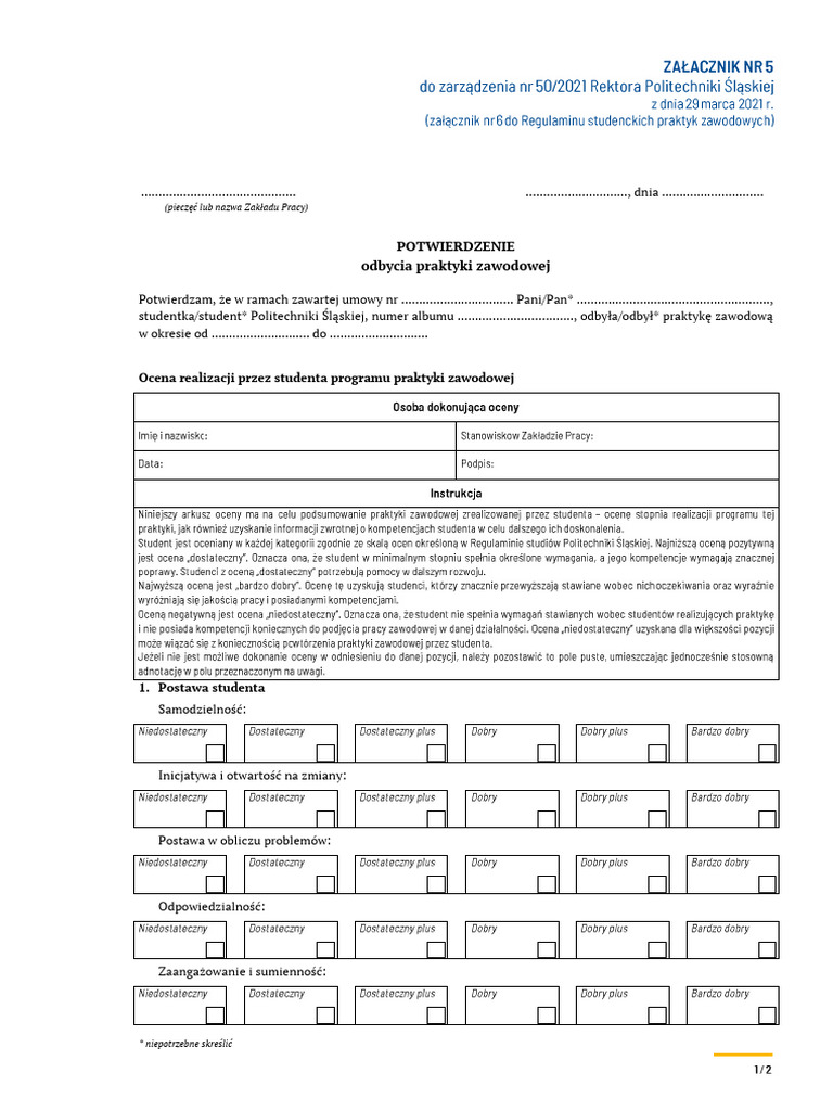 Z5 Potwierdzenie Odbycia Praktyki Zawodowej | PDF