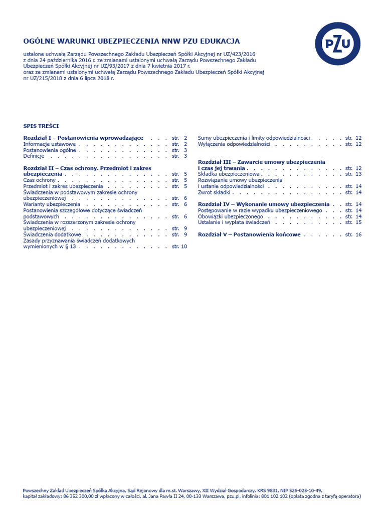 Ogolne Warunki Ubezpieczenia NNW PZU Edukacja Do Ofert Od 15.09.2018 | PDF
