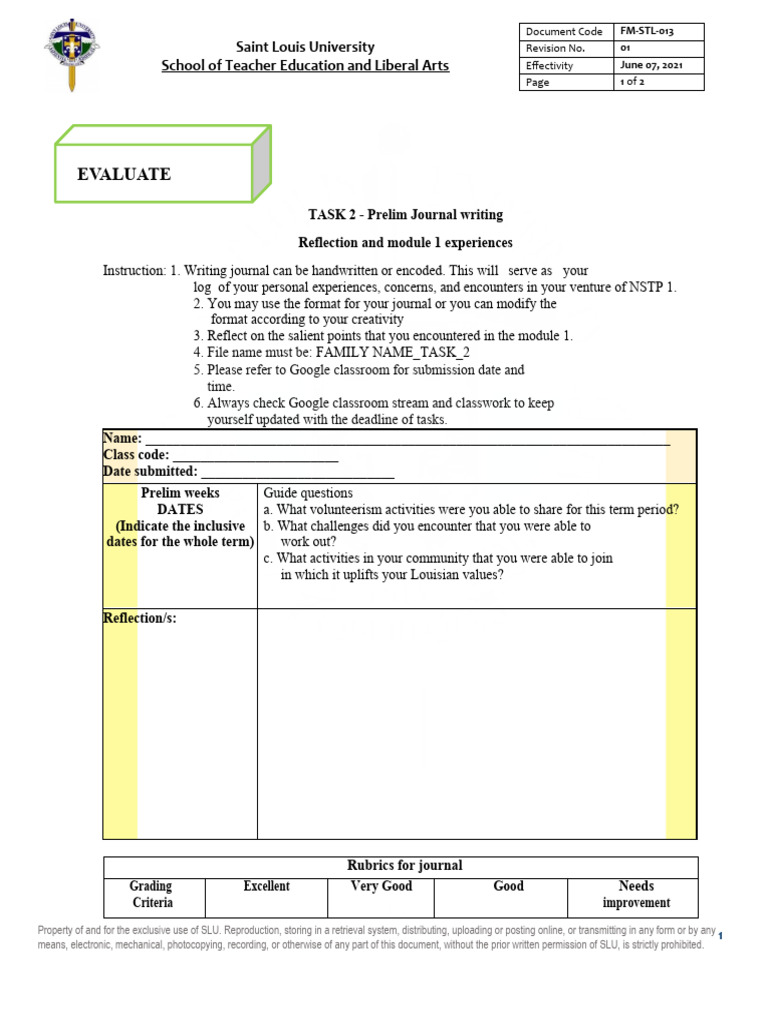 NSTP 1 - JOURNAL WRITING FORMAT With RUBRIC | PDF | Rubric (Academic ...