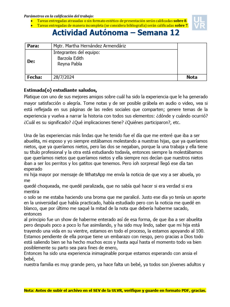 Actividad AutÃ Noma-Semana 12 | PDF