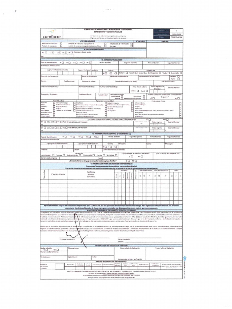 Formulario Comfacor | PDF
