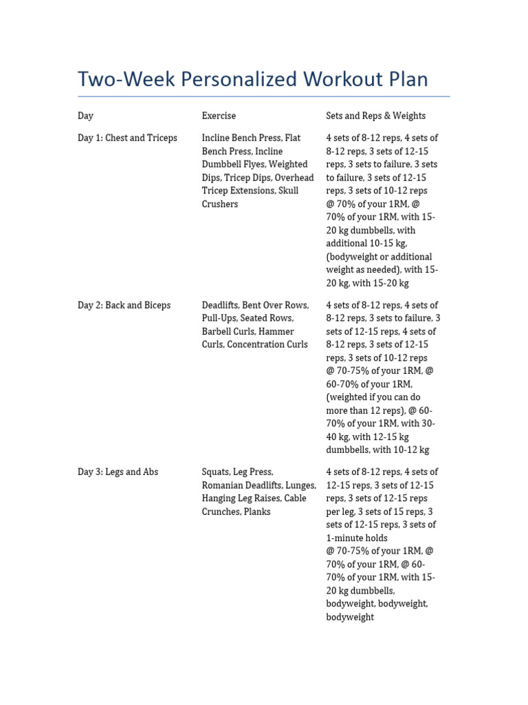 Two Week Personalized Workout Plan | PDF | Weight Training | Strength ...