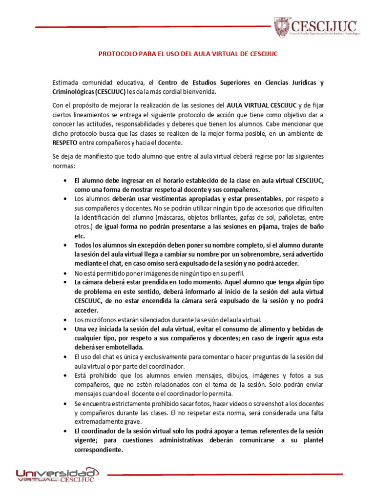 PROTOCOLO PARA EL USO DEL AULA VIRTUAL DE CESCIJUC OK | PDF | Salón de clases | Chat en linea