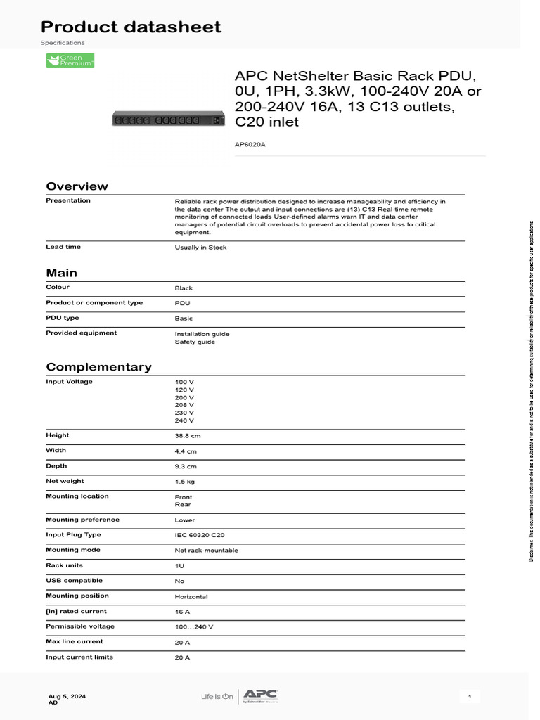 APC_NetShelter-Basic-Rack-PDUs_AP6020A | PDF | Electrical Engineering ...