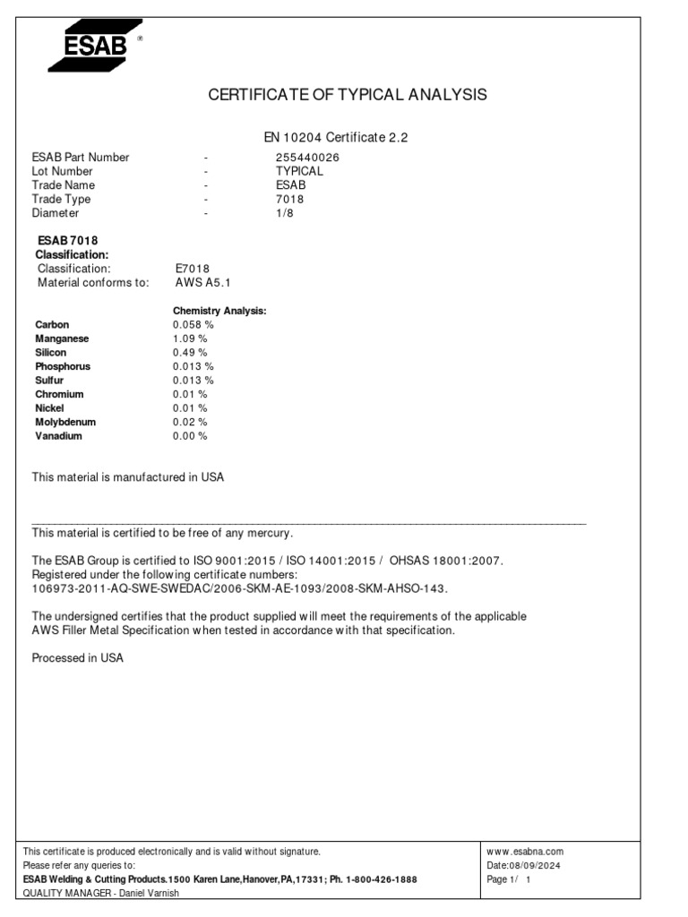 CERTIFICADO_ESAB_7018_332 | PDF
