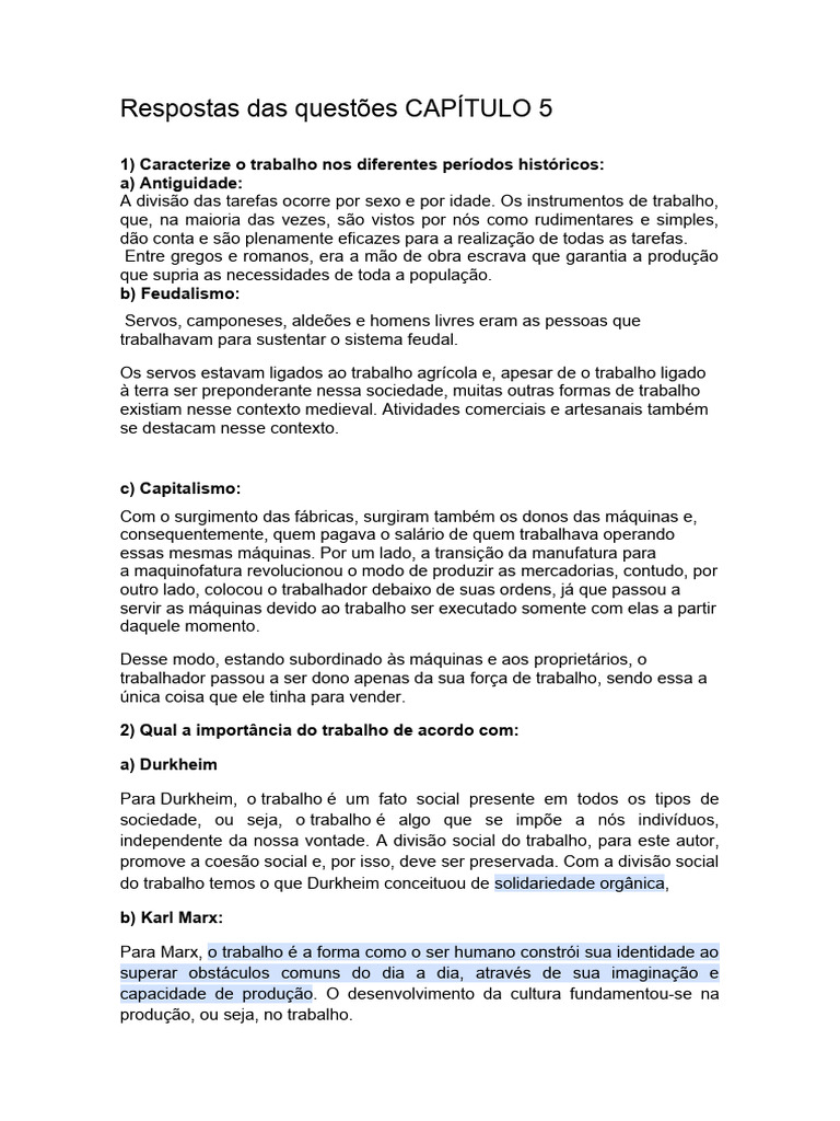 Respostas Das Questões CAPÍTULO 5 | PDF | Sociologia | Servidão