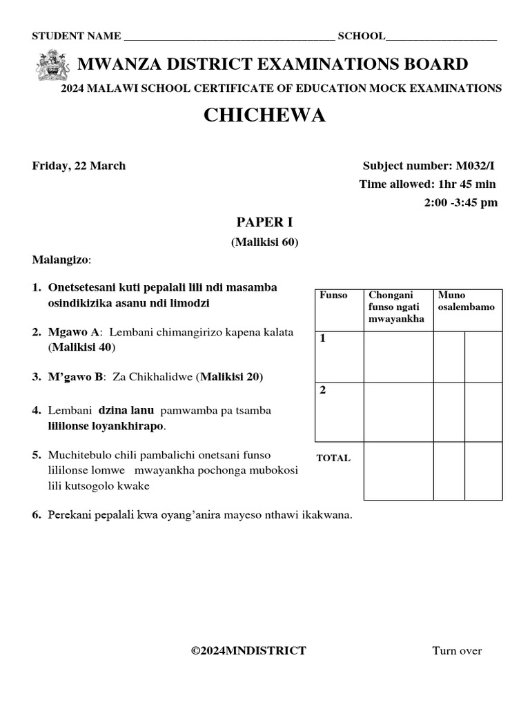 2024 MSCE Chichewa Mock Exam Paper | PDF | Linguistics