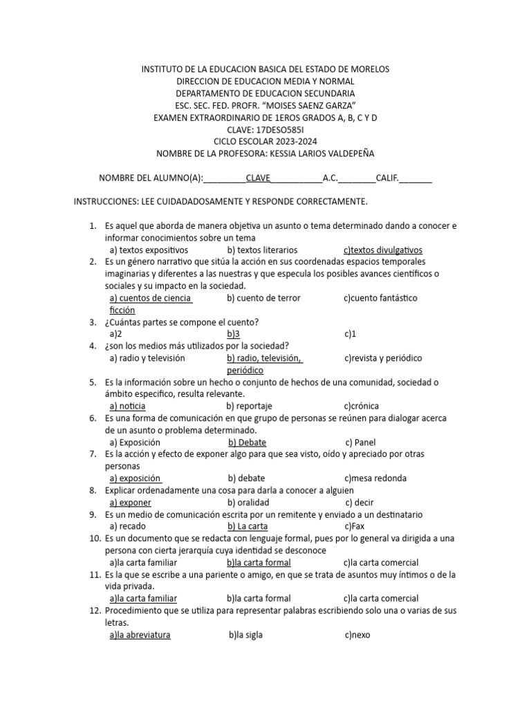 EXAMEN EXTRAORDINARIO KESSIA Clave | PDF | Leyendas | Regulación