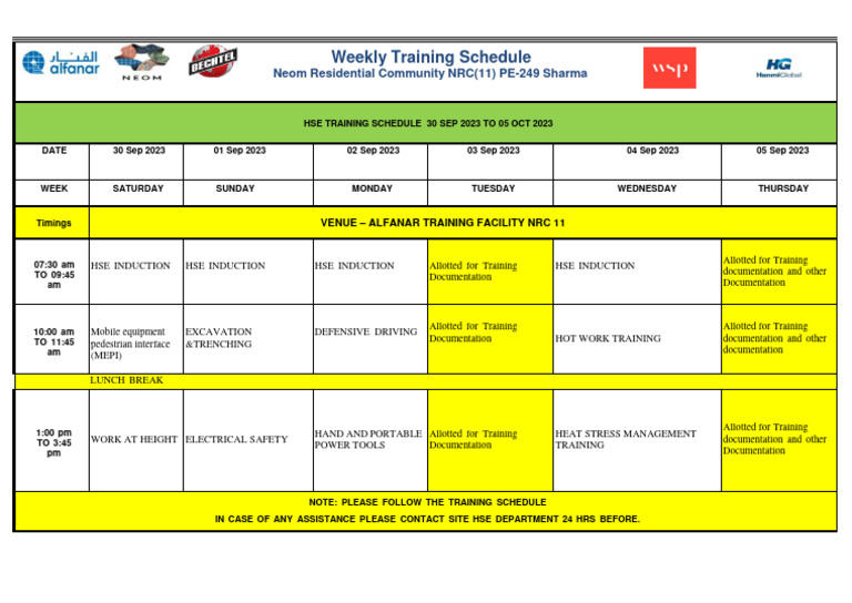 HSE Training Schedule 30 SEP To 05 OCT 2023 | PDF