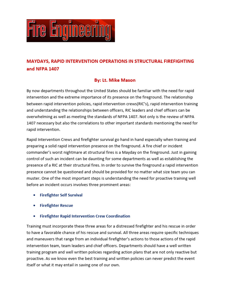 Maydays Rapid Intervention Operations in Structural Firefighting and ...