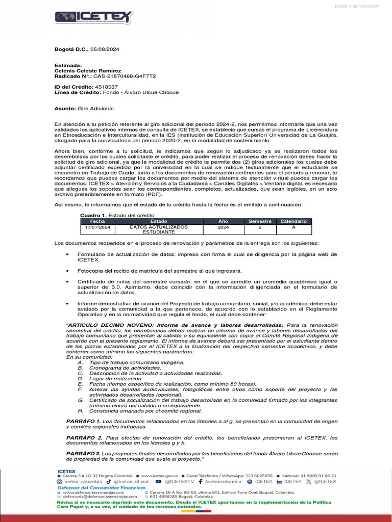 Renovación y Giro Adicional ICETEX | PDF