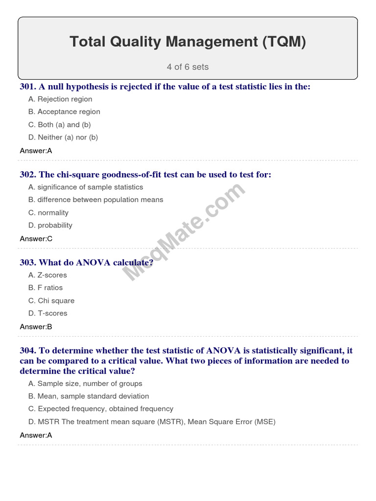 Total Quality Management (Set 4) | PDF | Errors And Residuals | Analysis Of Variance