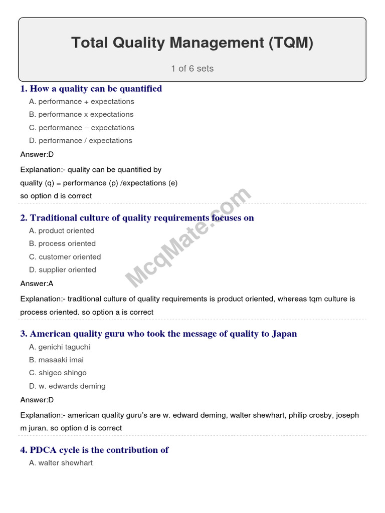 Total-Quality-Management (Set 1) | PDF | Iso 9000 | Quality Management ...