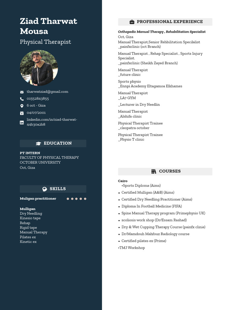 Ziad Tharwat Mousa FlowCV Resume 20240724 | PDF | Physical Therapy | Medical Treatments