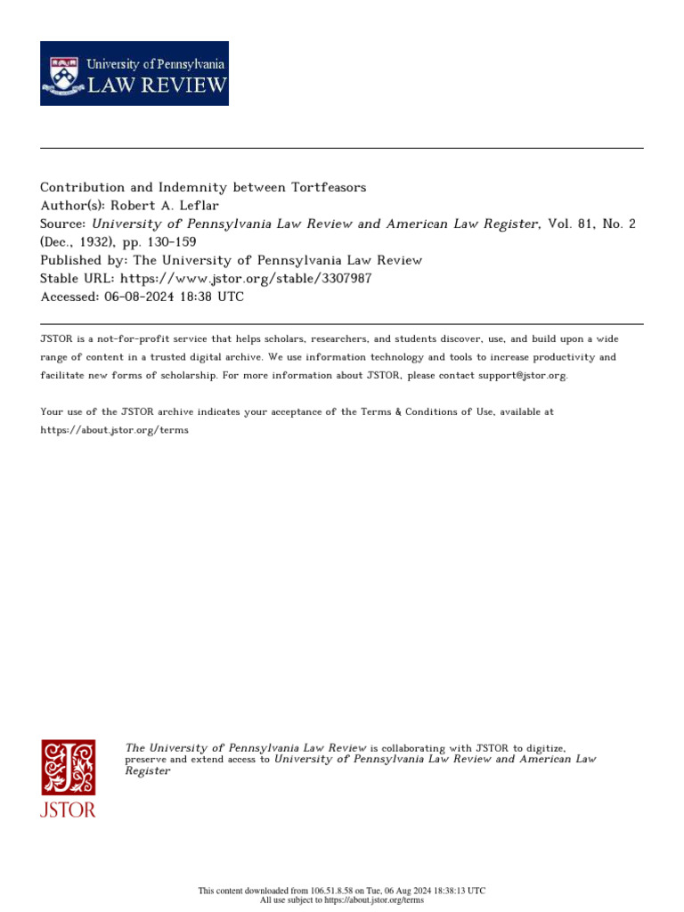 Leflar ContributionIndemnityTortfeasors 1932 | PDF | Tort | Negligence