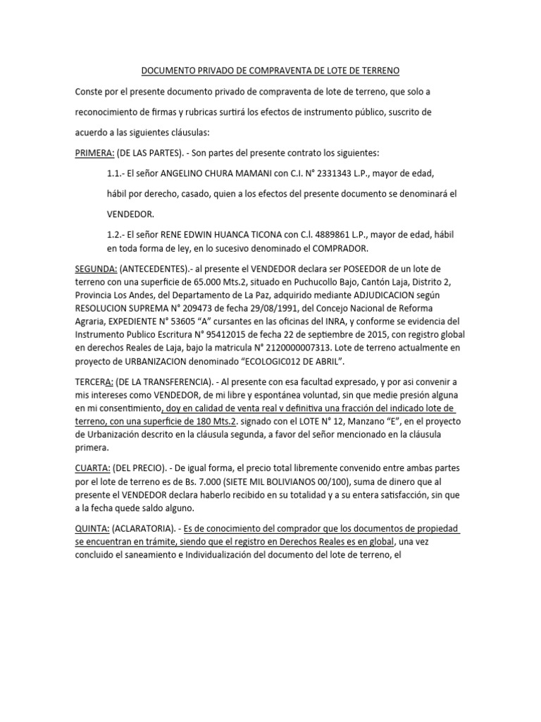 Documento Privado de Compraventa de Lote de Terreno 2.0 | PDF | Consentimiento