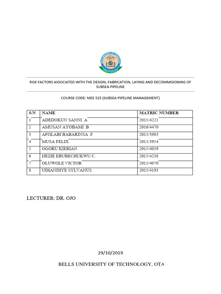 MEE 525 SUBSEA PIPELINE | PDF | Risk | Risk Management