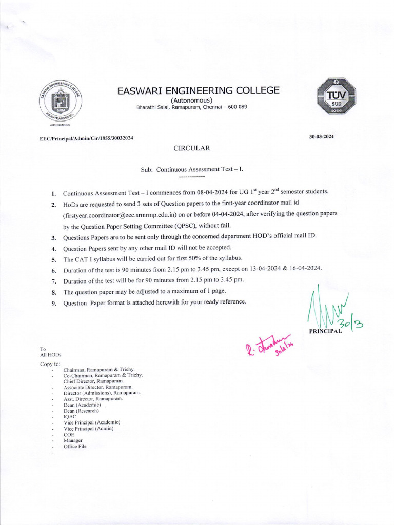 Circular - CAT I - 1st Year | PDF