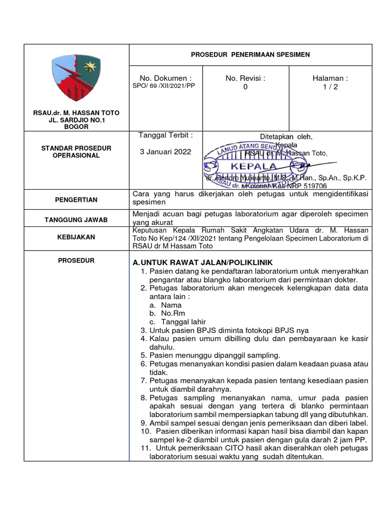 Sop Penerimaan Sampel | PDF | Pengembangan Diri | Kesehatan Holistik