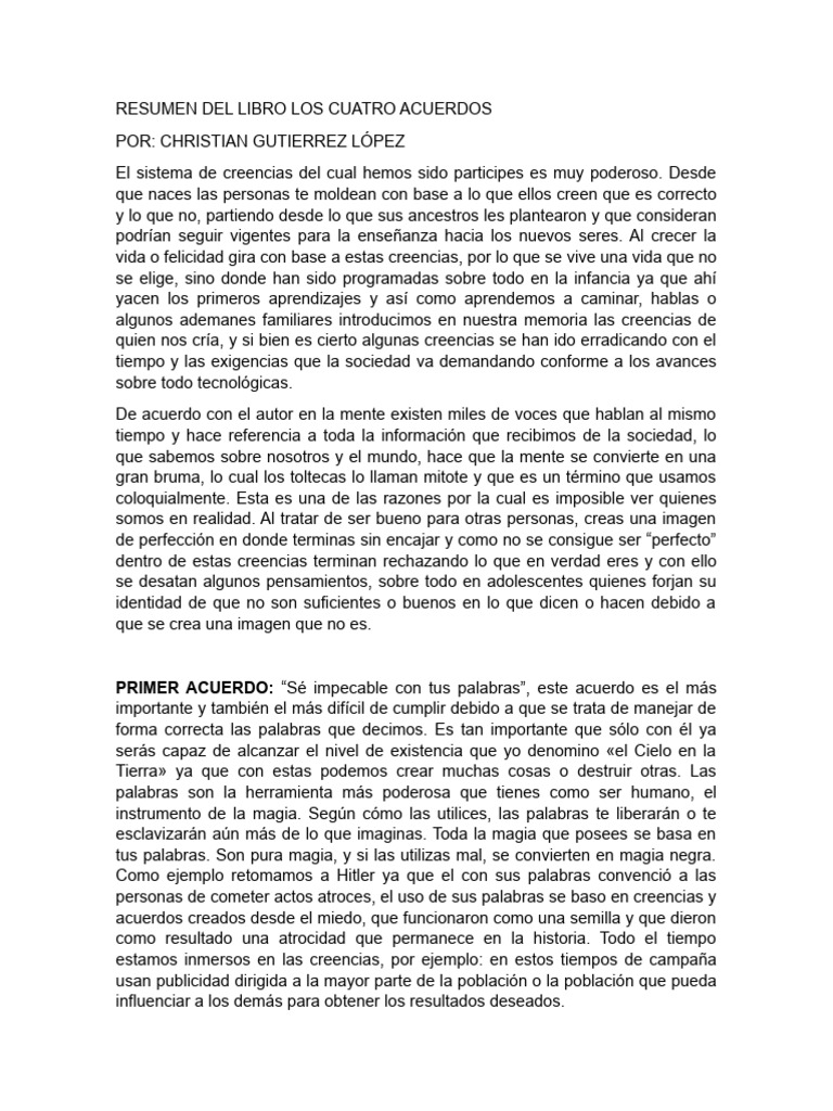 Resumen Del Libro Los Cuatro Acuerdos | PDF | Mente | Sociedad