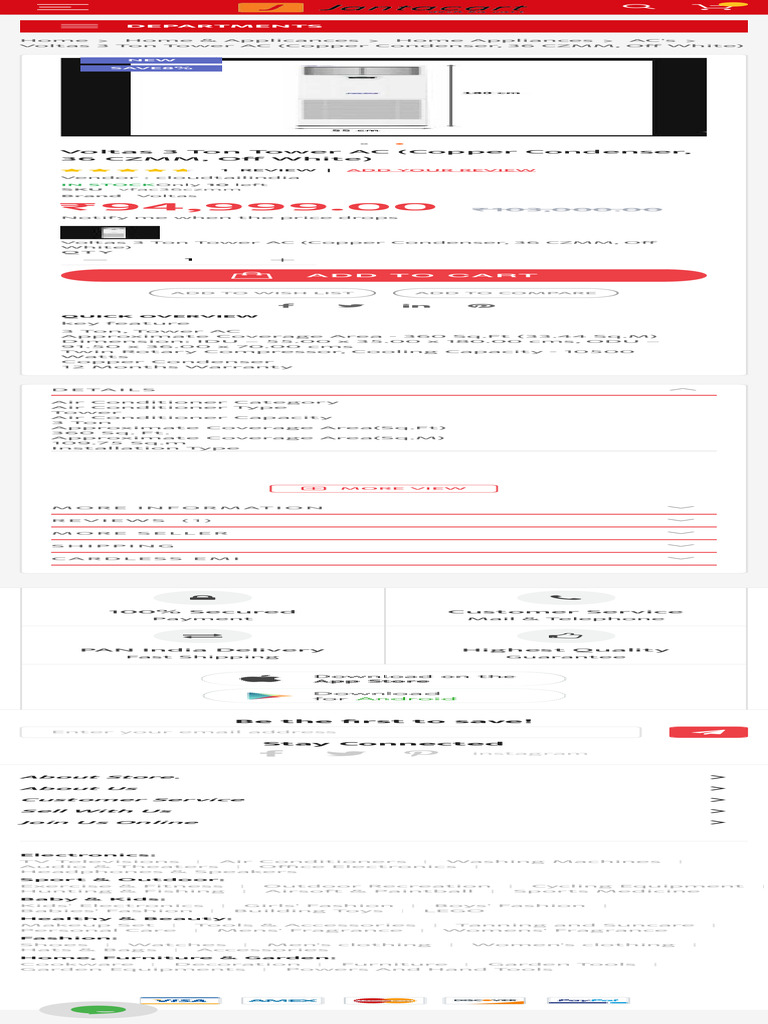 Voltas 3 Ton Tower AC (Copper Condenser, 36 CZMM, Off White) at Best Price From Authorized ...