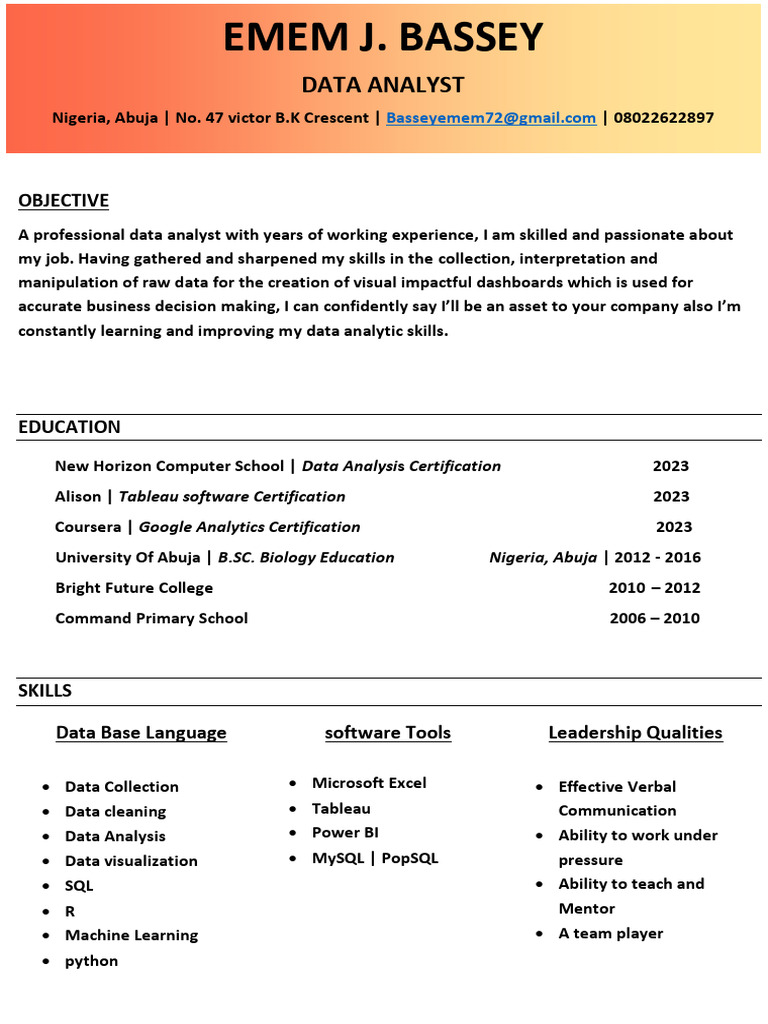 BASSEY EMEM CVbb | PDF | Data Analysis | Information Science