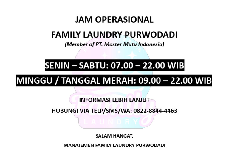 Jam Operasional Family Laundry Purwodadi | PDF