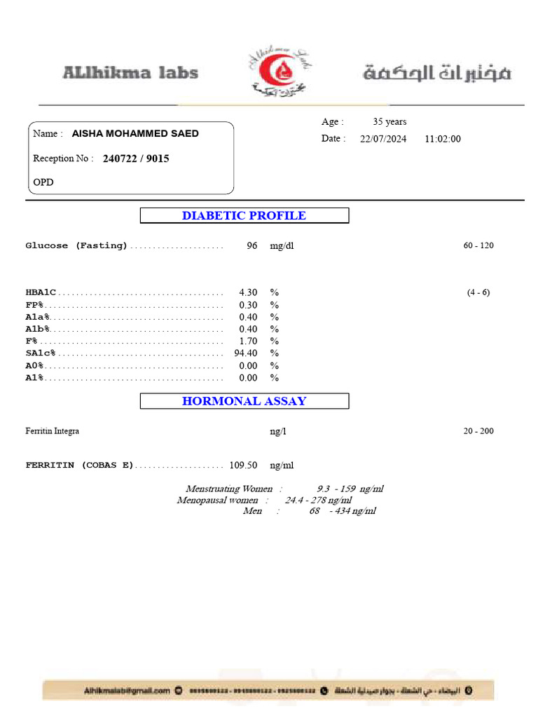 Diabetic Profile: Aisha Mohammed Saed Reception No: 35 Years Date: Name ...