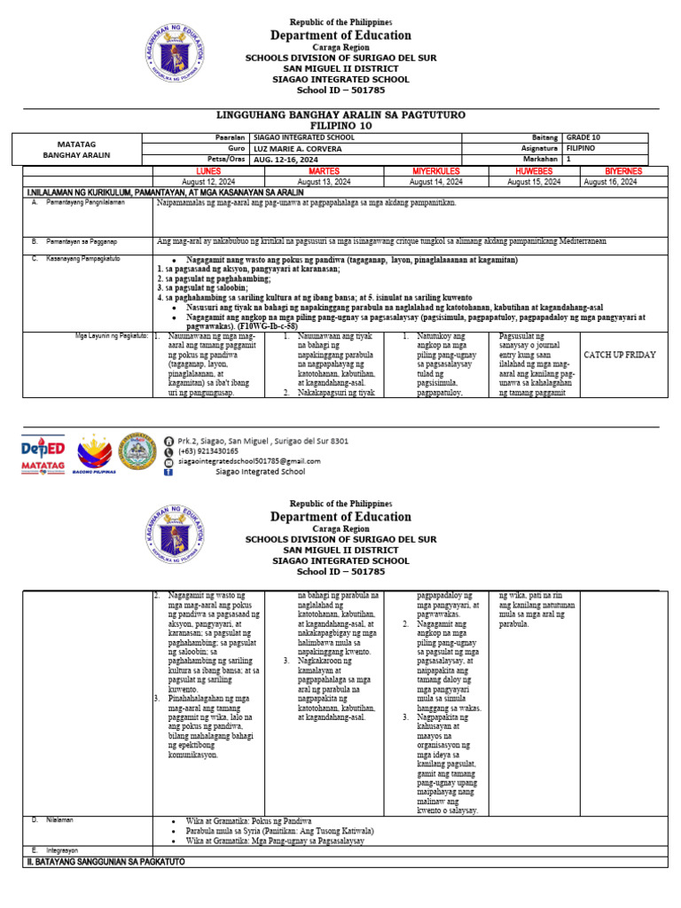 Daily Lesson Plan Sa Filipino 10 Week 3 | PDF