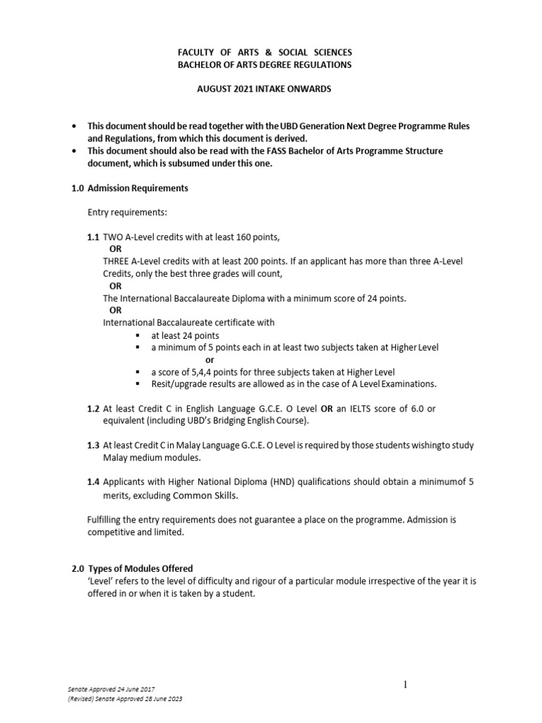 FASS BA Degree Regulations 2023 | PDF | Gce Advanced Level (United ...