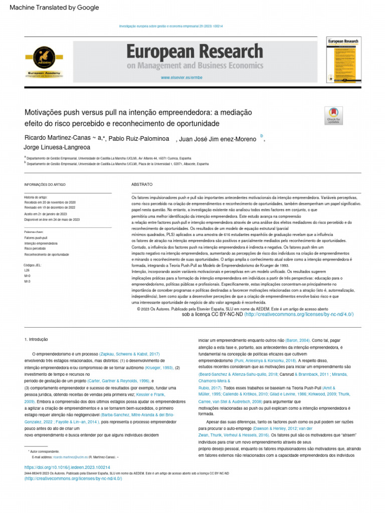 MARTÍNEZ-CAÑAS, Ricardo Et Al. 2023 Push Versus Pull Motivations in ... MARTÍNEZ-CAÑAS, Ricardo Et Al. 2023 Push Versus Pull Motivations in ...