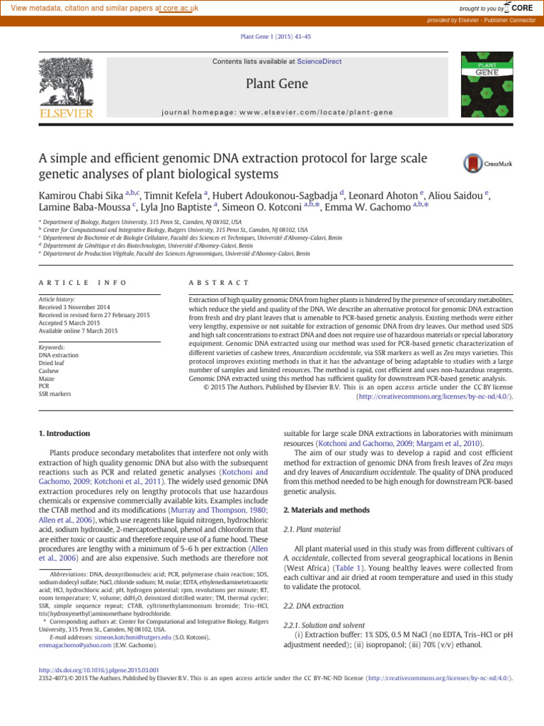 A Simple and Efficient Genomic DNA Extraction Protocol For Large Scale ...