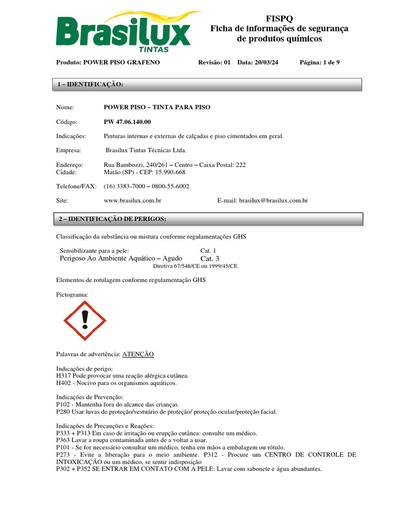 FISPQ POWER PISO GRAFENO: Segurança e Uso | PDF | Incêndios | Desperdício